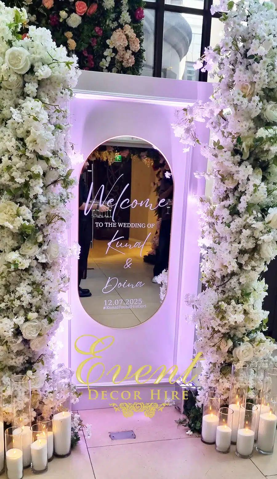 Luxury Floral Welcome Sign with Mirror & Candles - Event Decor Hire
